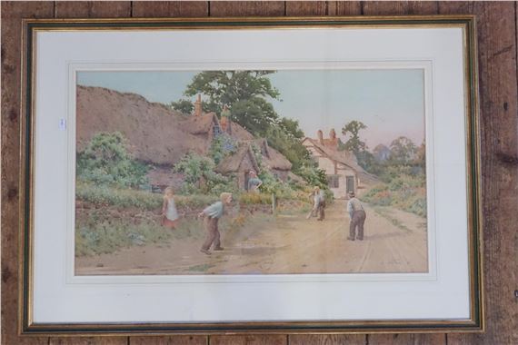 John Abernethy Lynas Gray | The Village Cricket Match in front of Rustic Thatch Cottages | MutualArt
