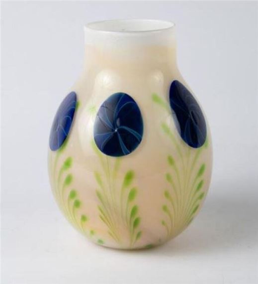 Charles Lotton | Charles Lotton 8 Art Glass Vase w/ Blue Flowers (1973 ...