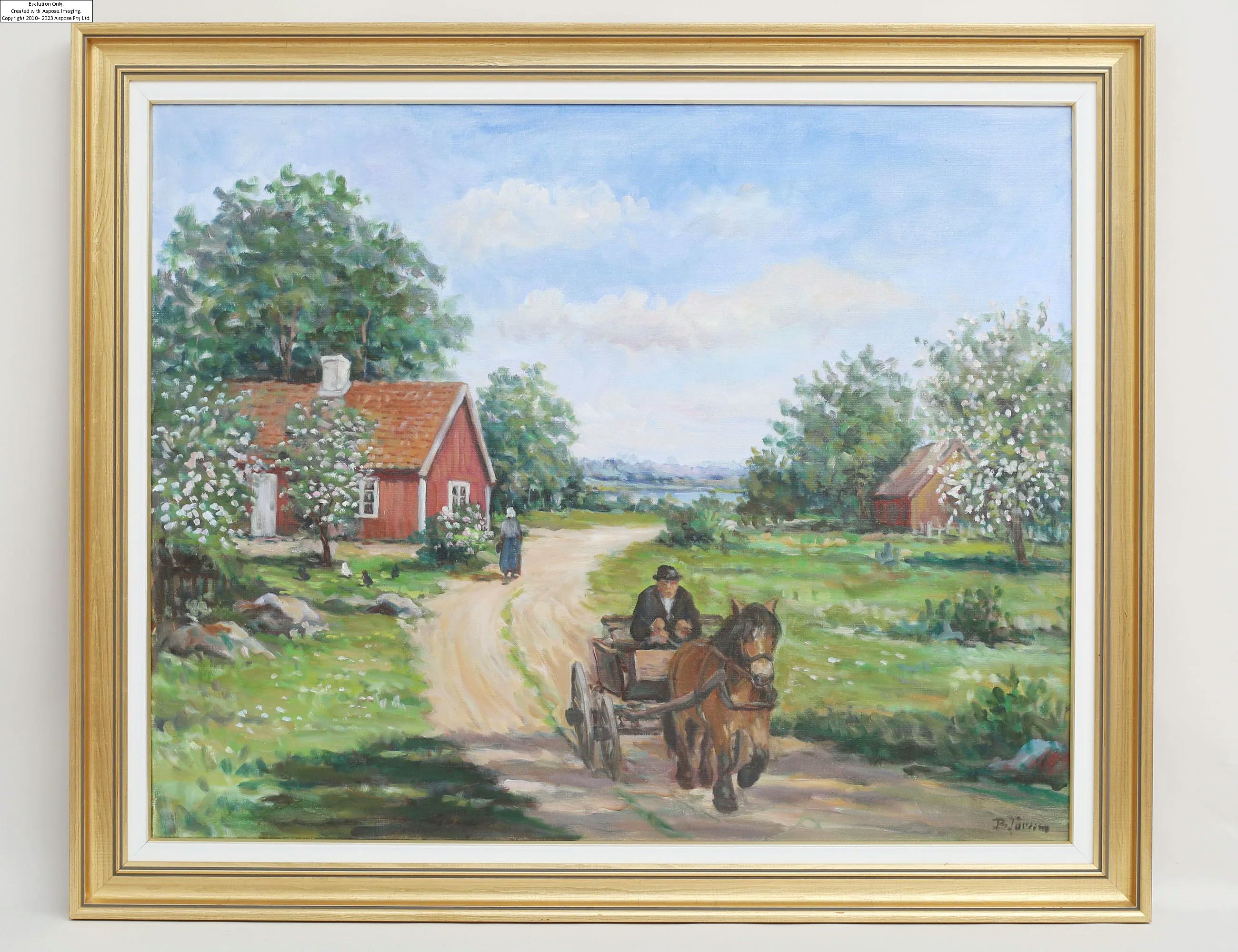 Bror Jönsson | häst med vagn i sommarlandskap | MutualArt