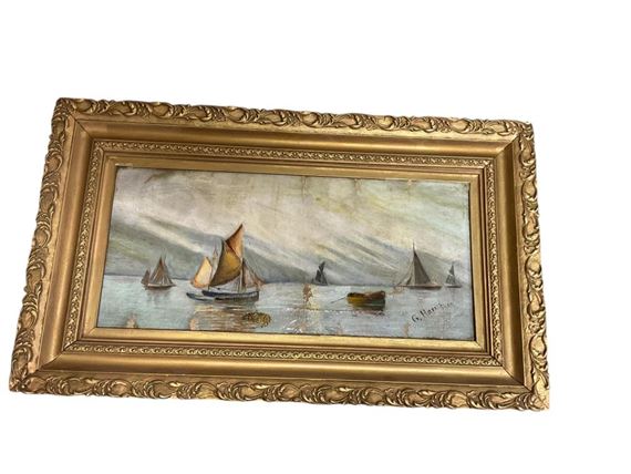 G. Harris | Oil Painting of Boats on the Water Image measures 21.25” x ...