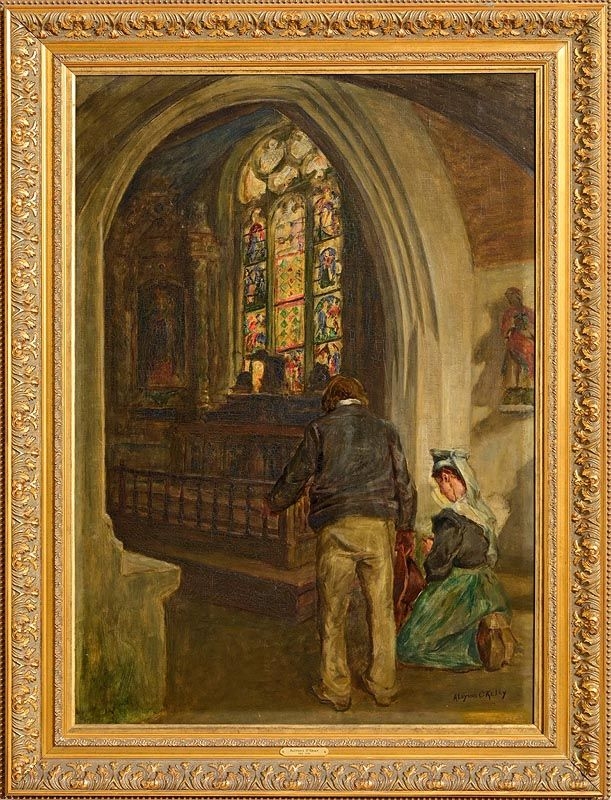 Aloysius O'Kelly | Breton Church Interior with Figures | MutualArt