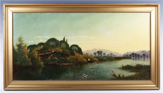 Edwin Henry Boddington | River landscape with figures on a bridge and ...