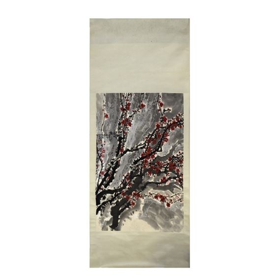 Peng Peiquan | Antique Chinese Scroll Painting of Cherry Blossoms | MutualArt