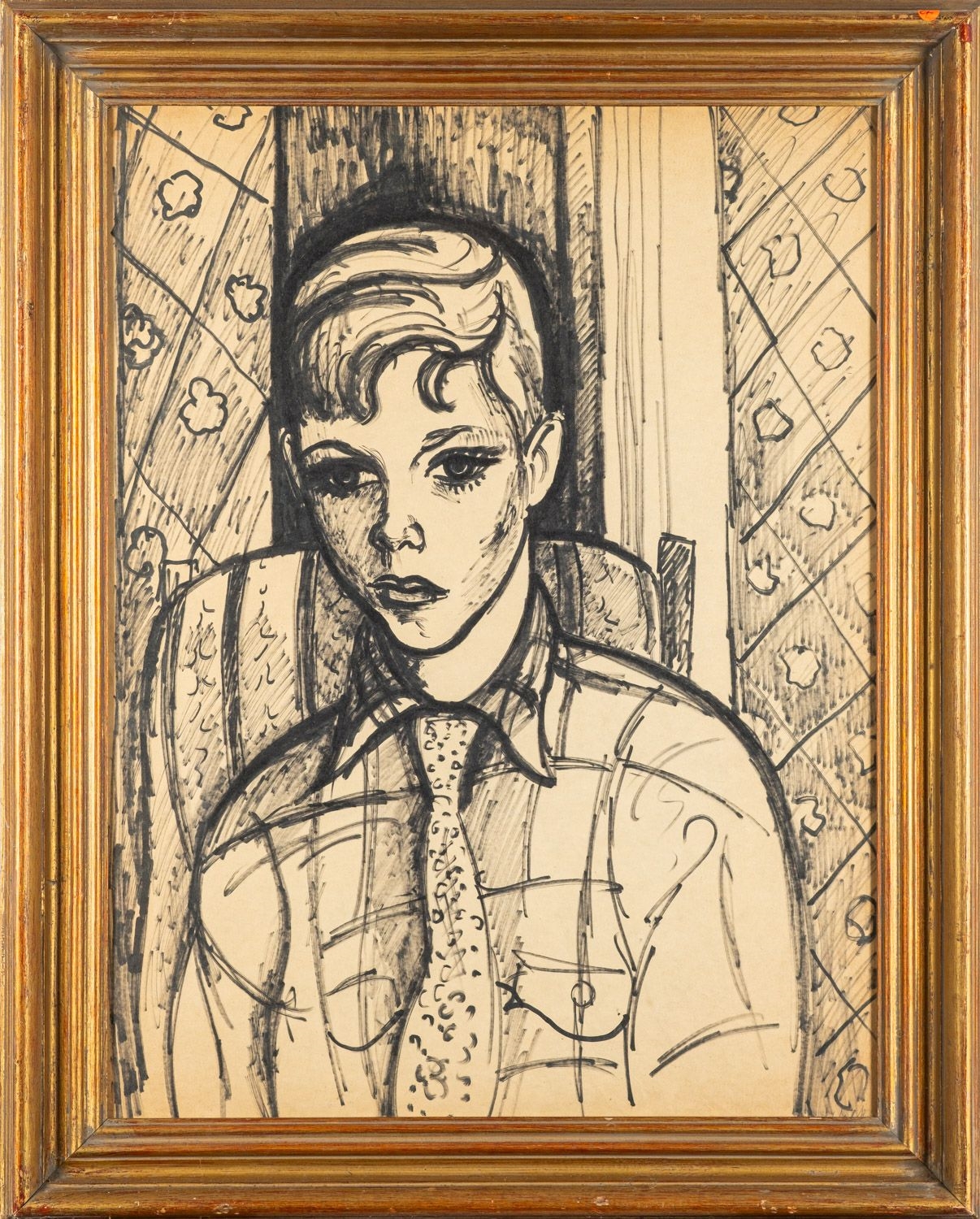 Edward Wolfe | Portrait of a boy wearing a tie - Ink on paper | MutualArt