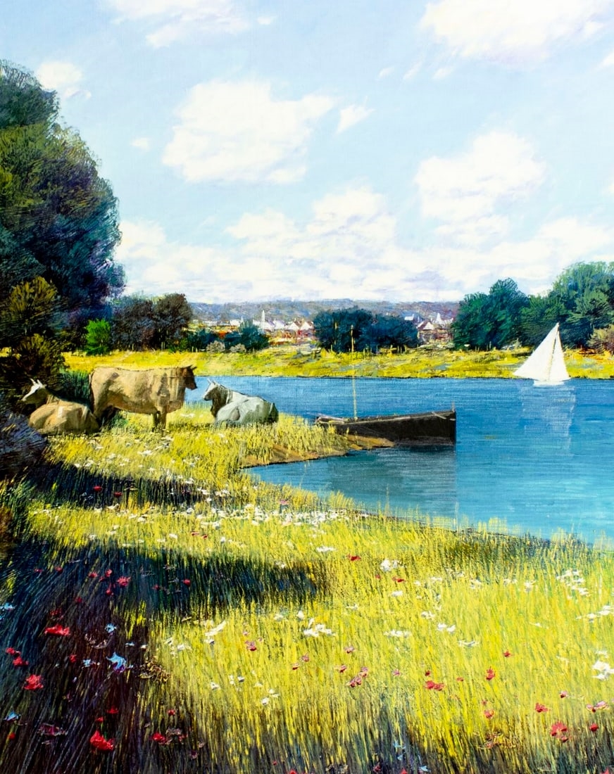 European School, 20th Century | Country River Landscape with Cows ...