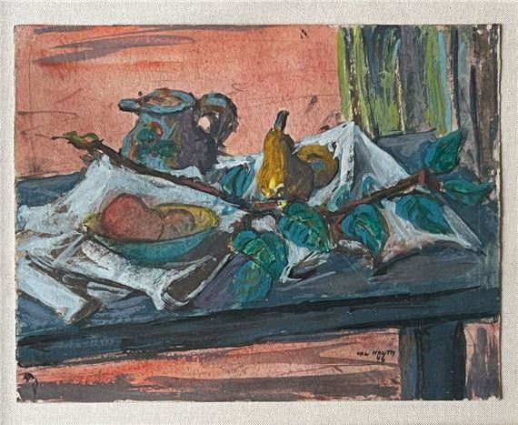 Emil Van Hauth | Still life: Branches and fruit lying on a blue table ...