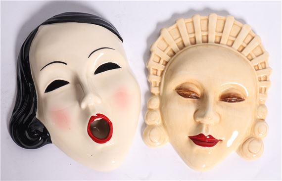 Clarice Cliff | Two Art Deco style red lipped wall masks | MutualArt