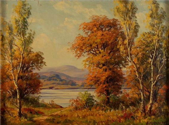 Elizabeth Wentworth Roberts | Fall landscape with trees on a lake shore ...