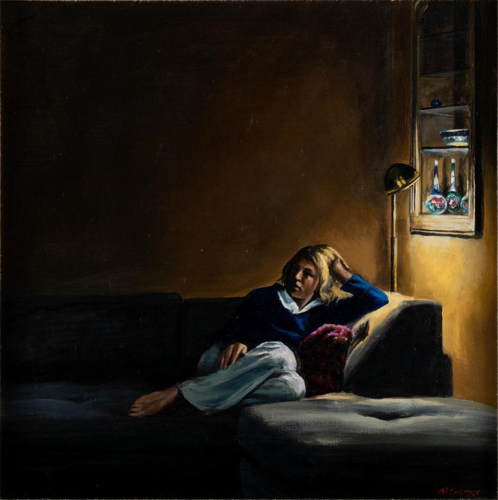 Harry McCormick | Interior scene of a young woman relaxing by lamplight ...