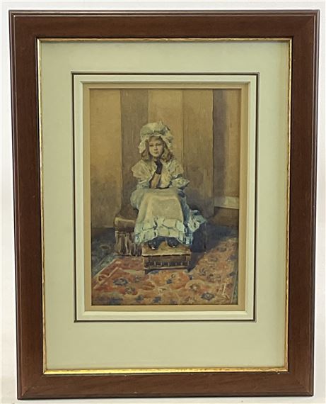 George H. Martin | A girl seated wearing a long dress and hat within a ...