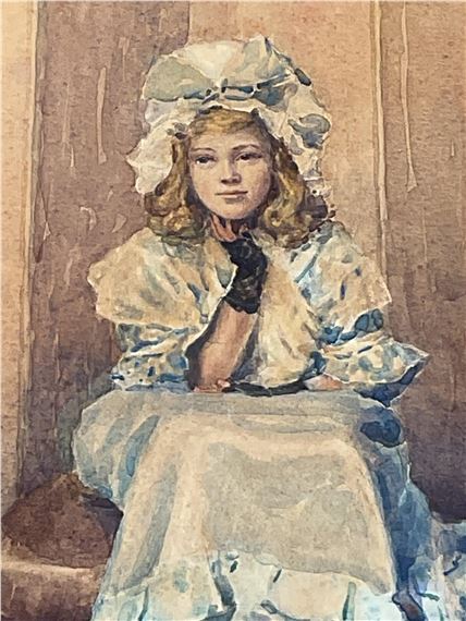 George H. Martin | A girl seated wearing a long dress and hat within a ...