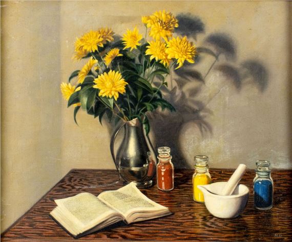 Abdo | Still Life with Book and Vase of Flowers | MutualArt