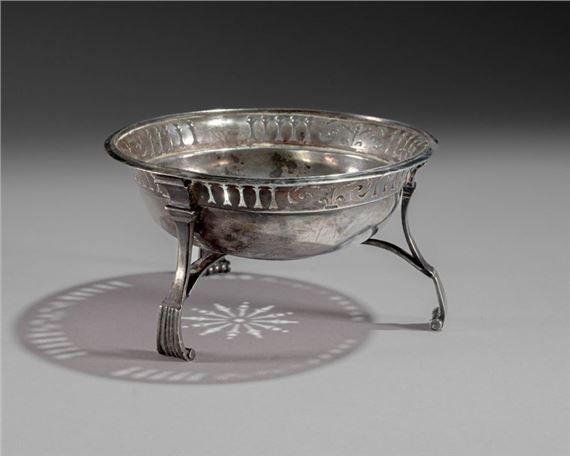 Silver | Plain silver table stove basin with pierced frieze resting o ...