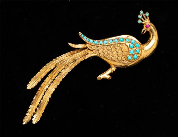 Jewelry | 9K YELLOW GOLD PEACOCK BROOCH | MutualArt