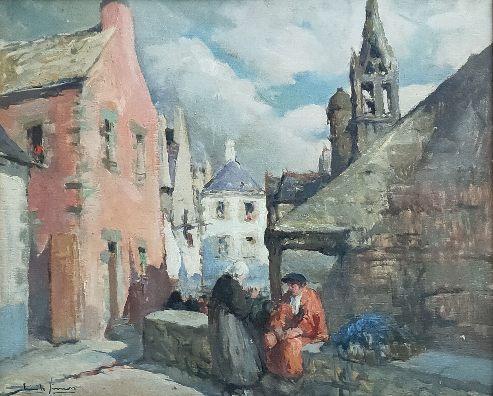 Emile Simon | Couple de bretons sur un parapet dans un village breton | MutualArt