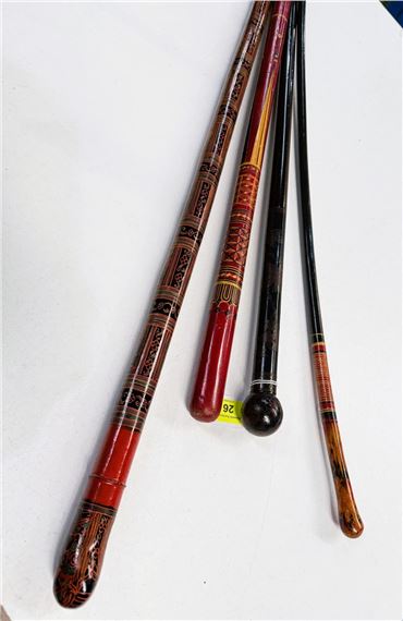 Three | A Japanese black lacquer walking stick with cloisonne ...