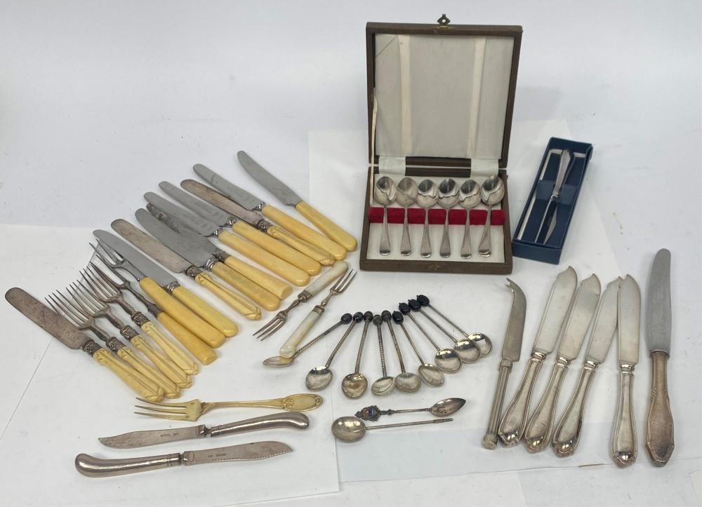 Coffee | A Collection Of Various Silver Plate Flatware Including Bone Handle Knives & Silver ...