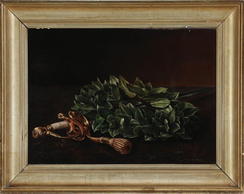 Johan Laurentz Jensen | Still life with a laurel and a on a stone sill ...