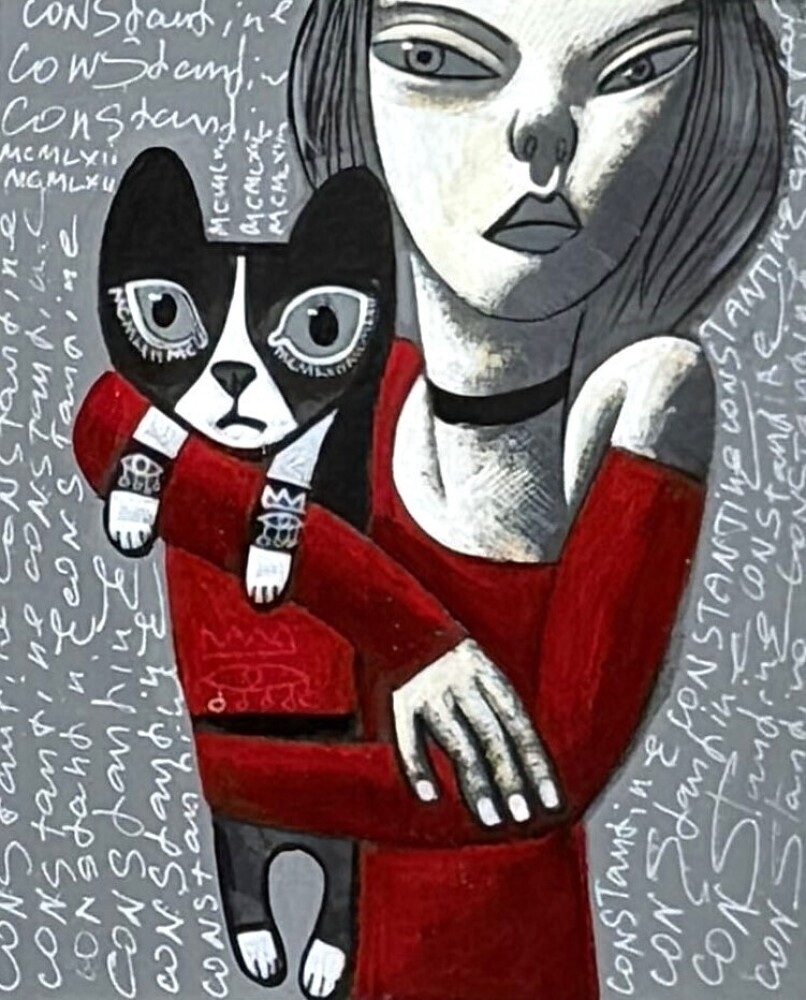 Constantine Popov | Taya with Black and White Striped Cat | MutualArt