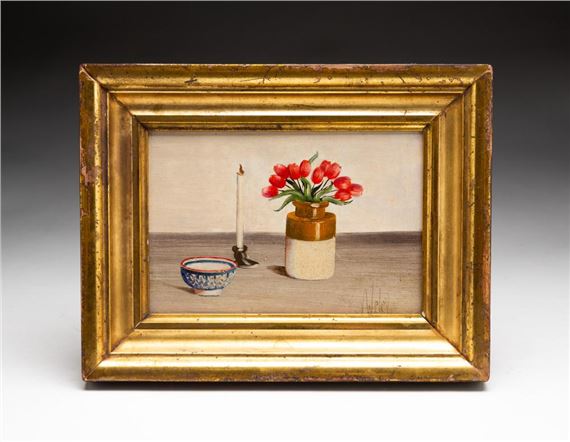 V. Weley | 20th Century. Oil on board. Depicting red tulips in a ...