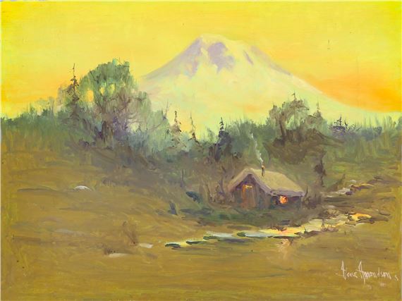 Gene Amondson | Gene Amondson ''Sunset Cabin, Mt. Rainier'' Oil on ...