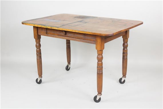 Front | Wood Paint Splattered Artist's Work Table on Wheels | MutualArt