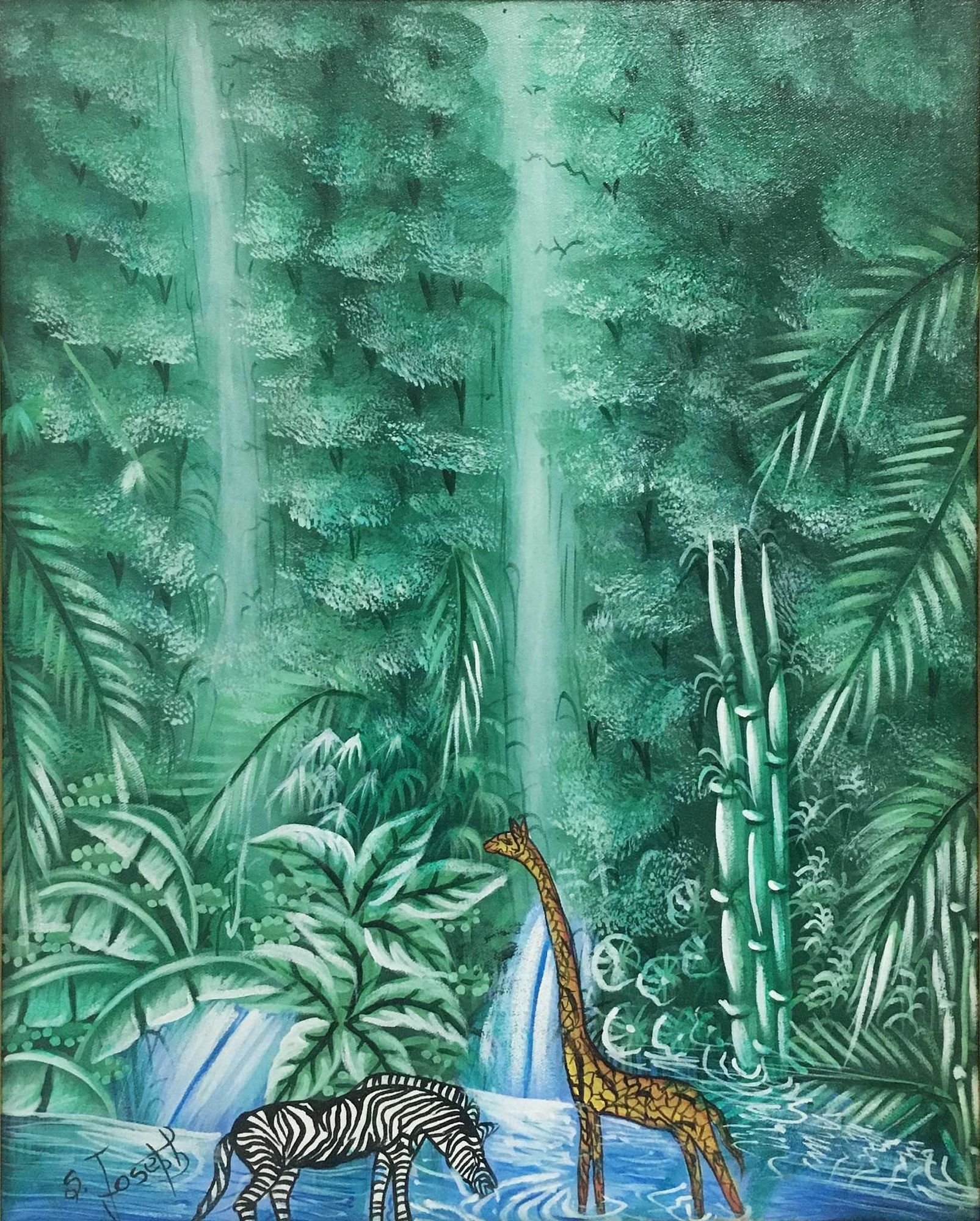 S. Joseph | Giraffe and Zebra in the Jungle | MutualArt
