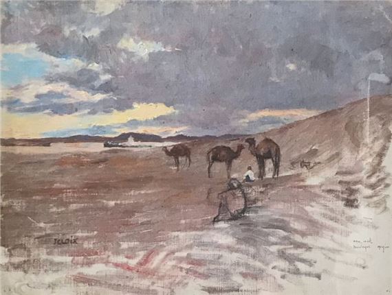Joseph Cloix | Bedouins and camels Oil on canvas (sketch) | MutualArt