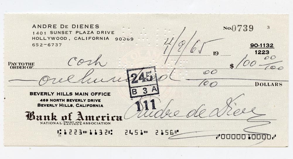 Andre de Dienes | ANDRÉ DE DIENES Vintage Bank Check 1965 | MutualArt