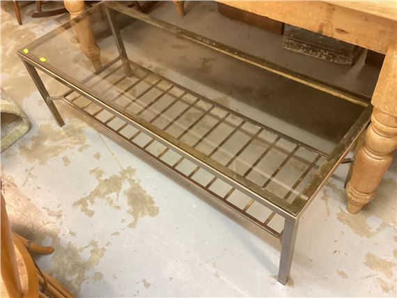 Coffee | Brass framed coffee table with smoked glass top and magazine ...
