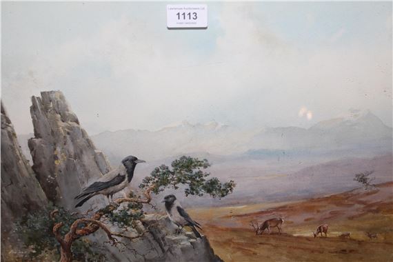 Andrew Scott Rankin | magpies and deer in a Highland landscape | MutualArt