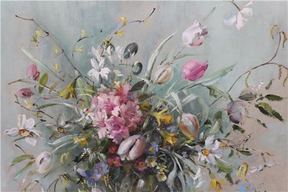 Barbara Crowe | still life of spring flowers in a glass vase | MutualArt