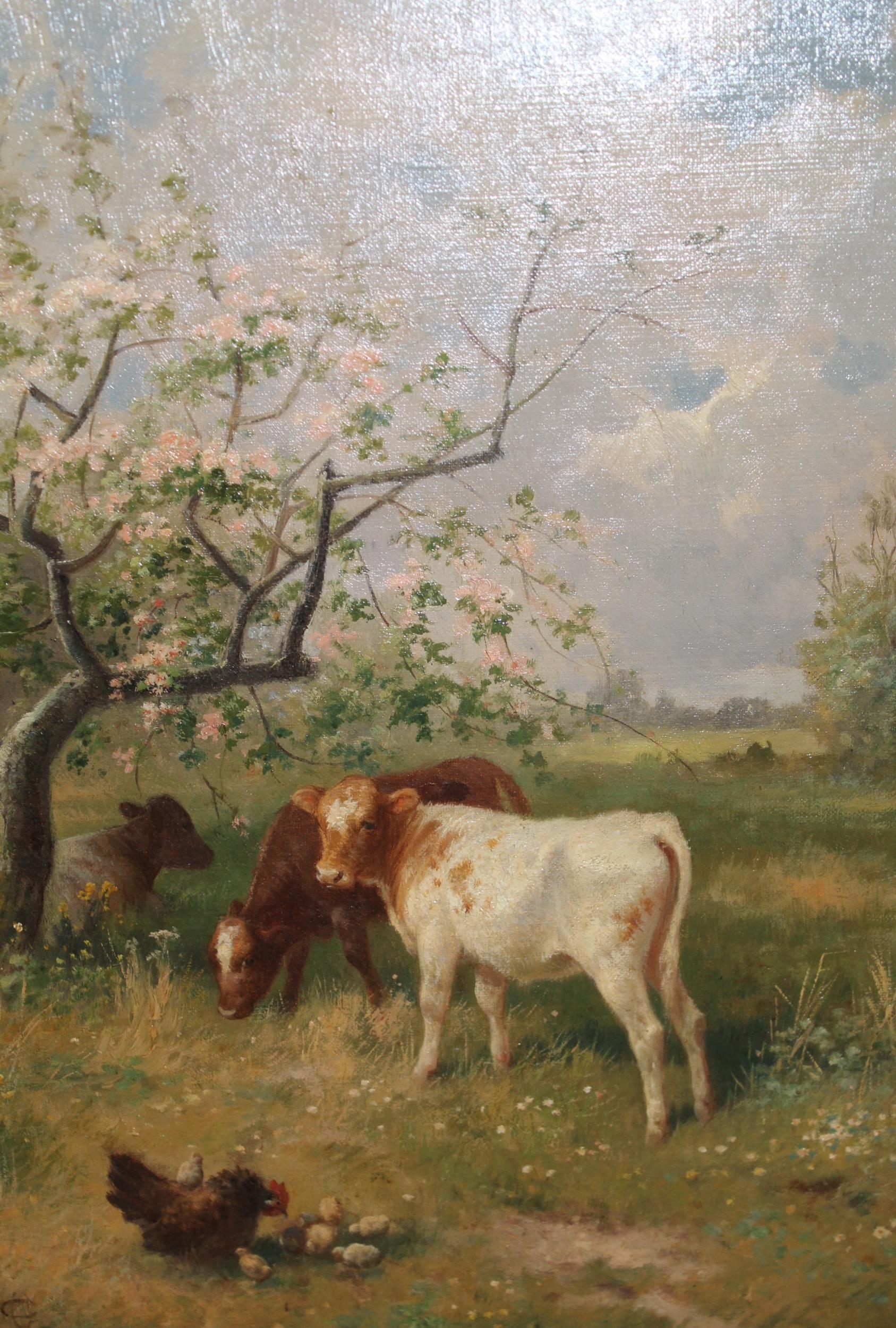Claude Cardon | calves and chickens in an orchard at springtime | MutualArt