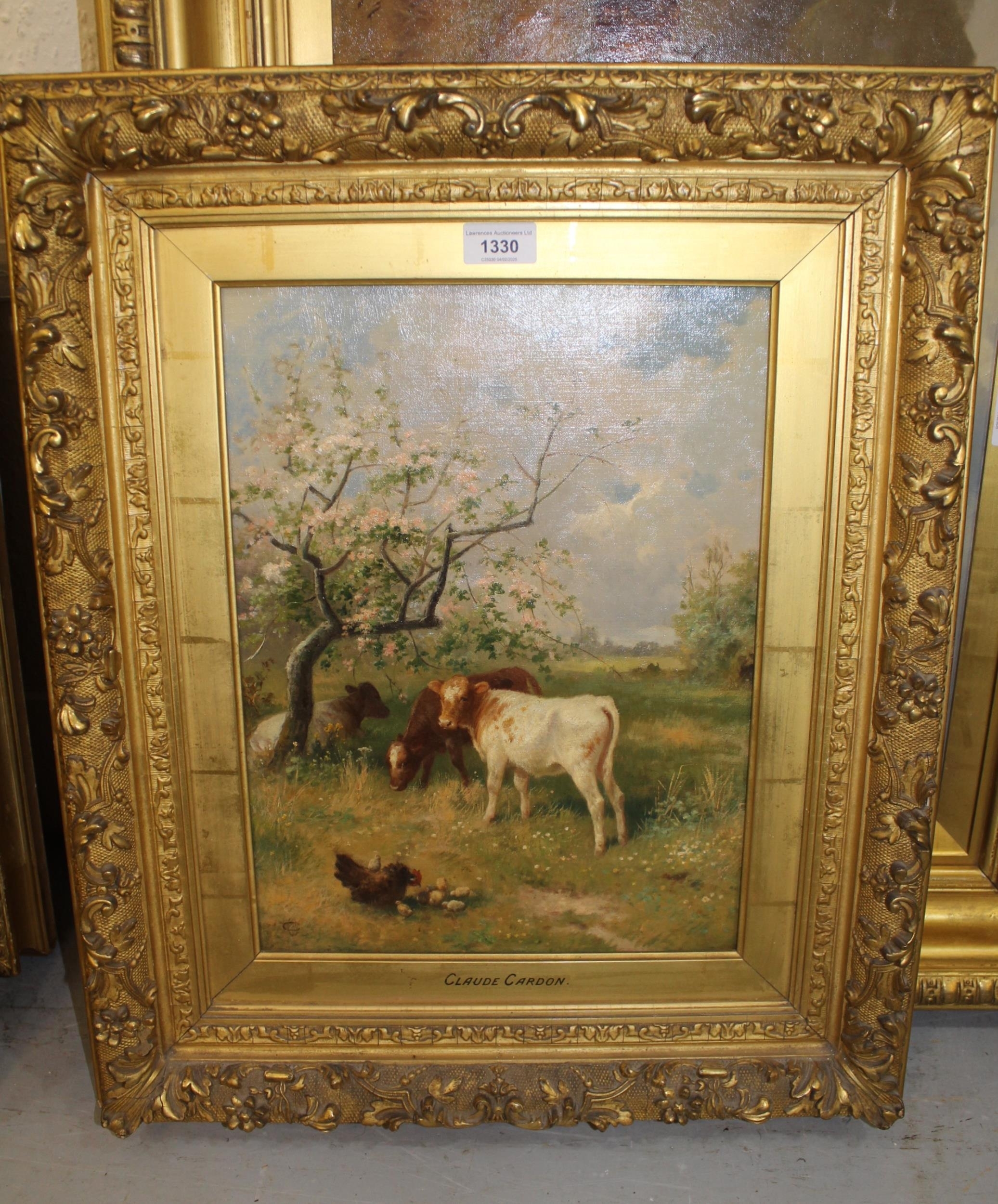 Claude Cardon | calves and chickens in an orchard at springtime | MutualArt