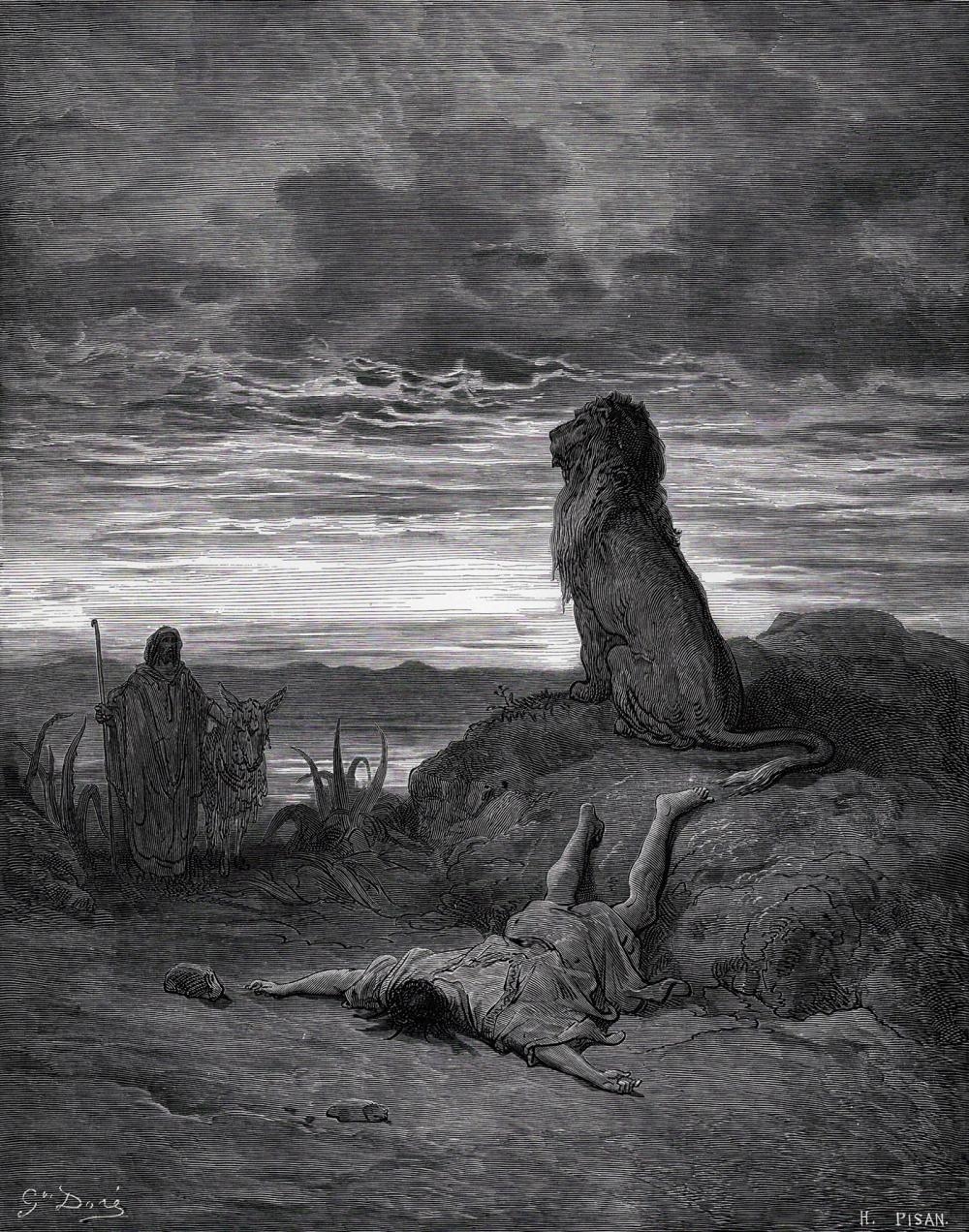 Gustave Doré | Biblical 1800s GUSTAVE DORE Woodcut The Prophet Slain by ...