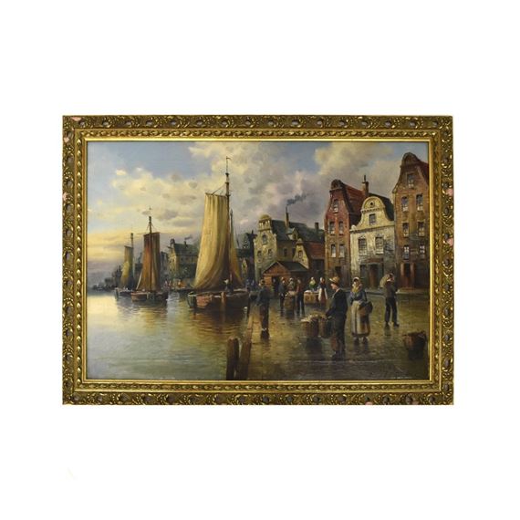Georg Daubner | Framed Oil Painting of a dock side scene on Canvas ...