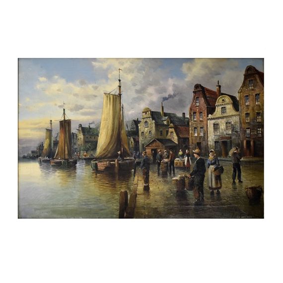 Georg Daubner | Framed Oil Painting of a dock side scene on Canvas ...