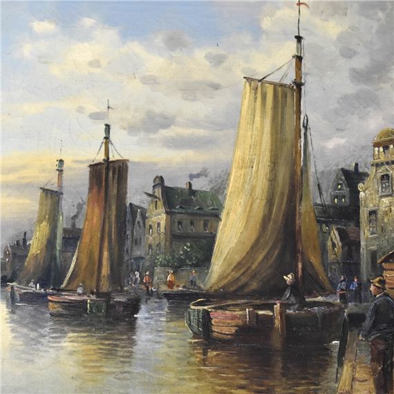 Georg Daubner | Framed Oil Painting of a dock side scene on Canvas ...