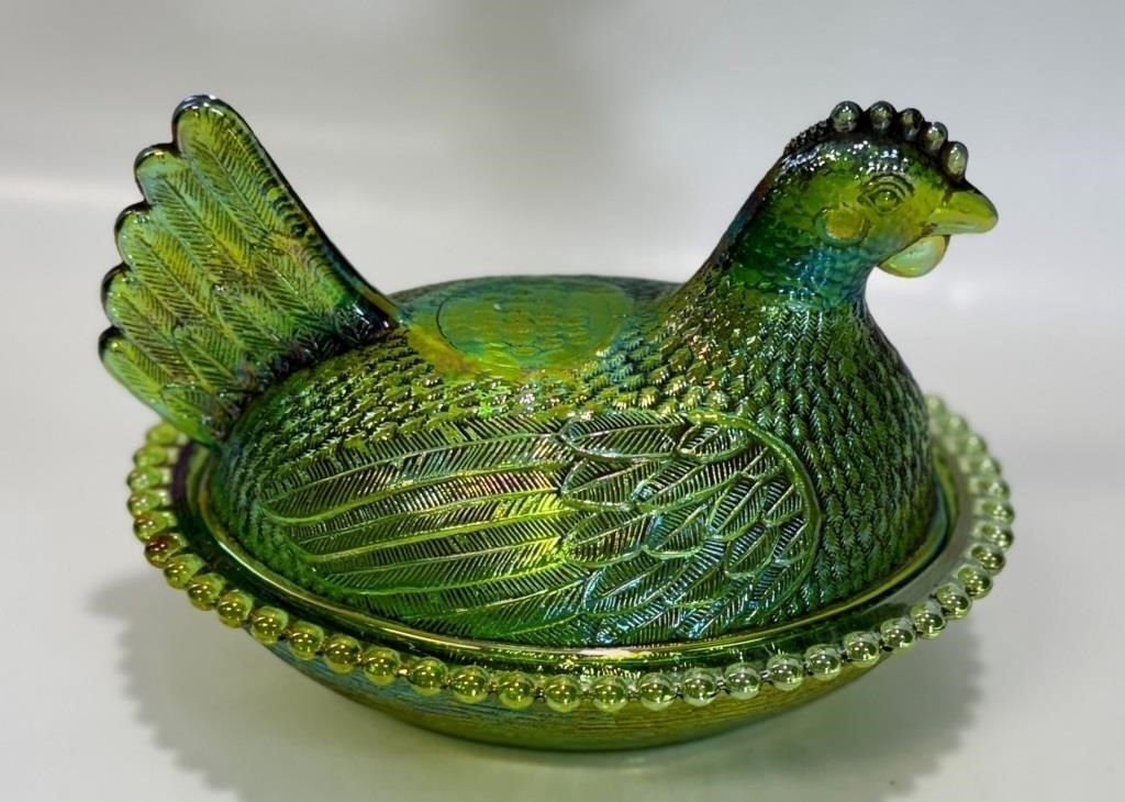 Large | NICE LARGE GREEN CARNIVAL GLASS BUTTER HEN | MutualArt