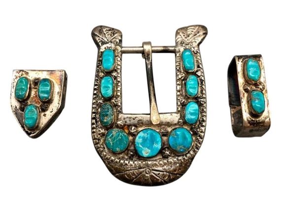 Three | Three Piece Carved Turquoise Ranger Belt Buckle Set (1930s ...