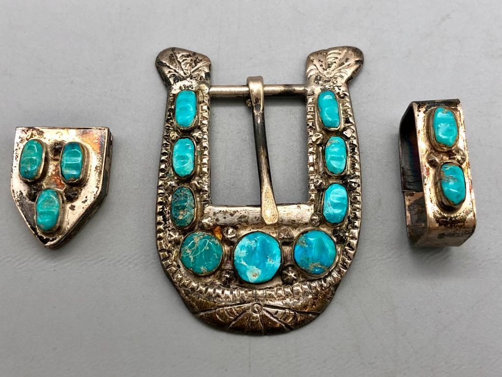 Three | Three Piece Carved Turquoise Ranger Belt Buckle Set (1930s ...