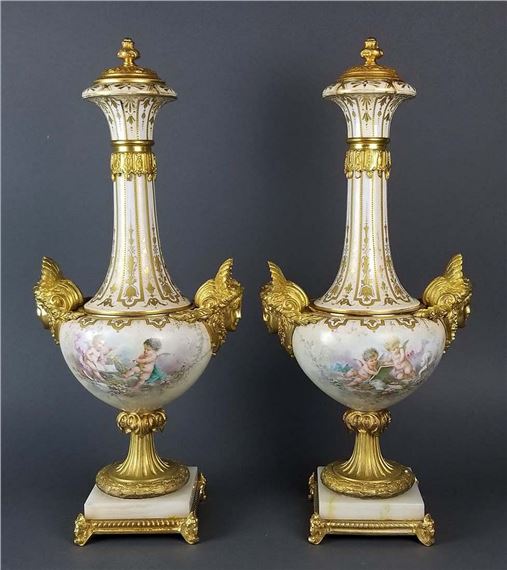 Large | Pair of Large Sevres Bronze Mounted Figural Urns, 19th (19 ...