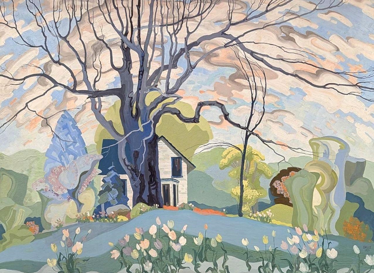Daisy Bailey | A vast multi-coloured tree-lined landscape with cottage ...
