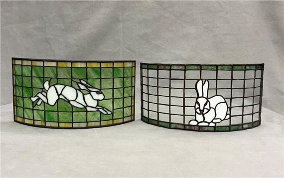 Rabbit | PAIR CURVED SLAG RECTANGULAR ART GLASS PANELS WITH RABBIT ...