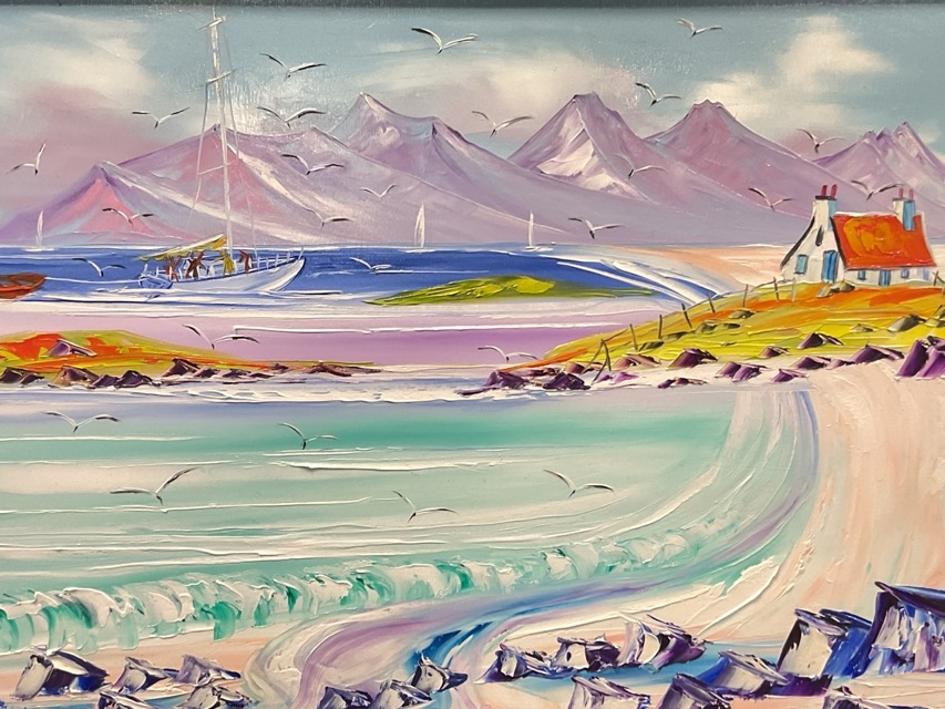 John Damari | coastal scene with cottage and yacht | MutualArt