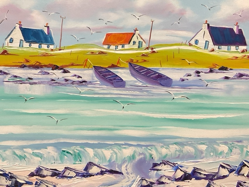 John Damari | coastal scene with cottages and beached boats | MutualArt