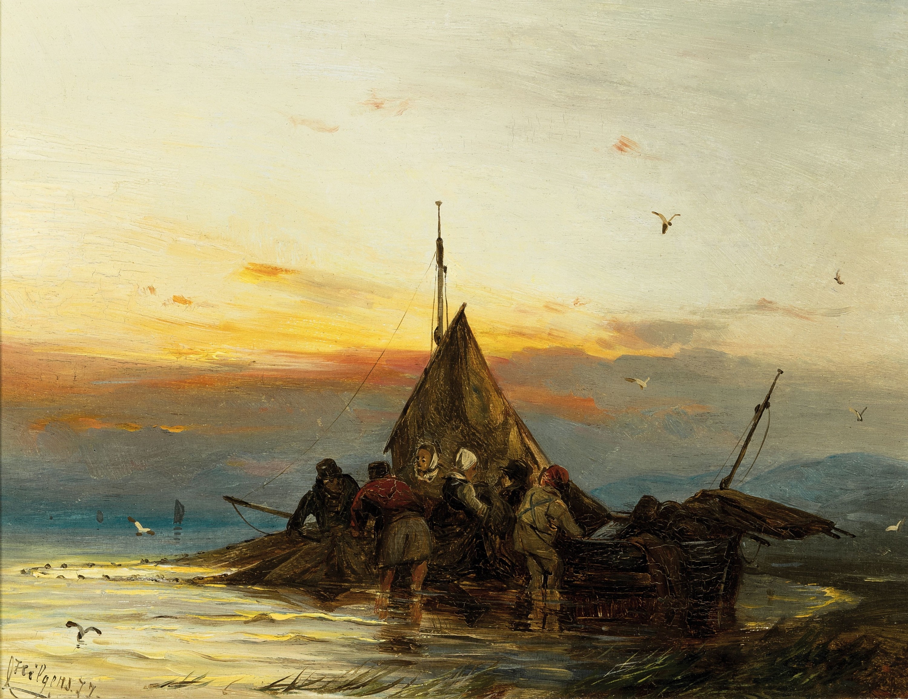 Carl Hilgers | unloading the fishing boats at dawn (1820) | MutualArt