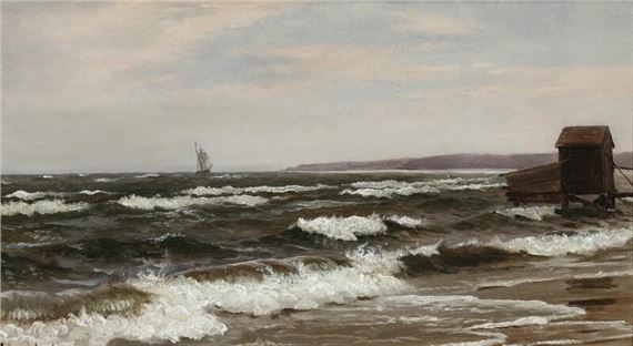 Christian Blache | Seascape with a sailing boat near the coast, in the ...