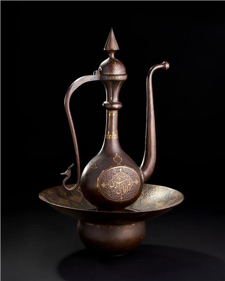 STEEL | A QAJAR ENGRAVED GOLD-DAMASCENED STEEL EWER (AFTABAH) AND BASIN ...