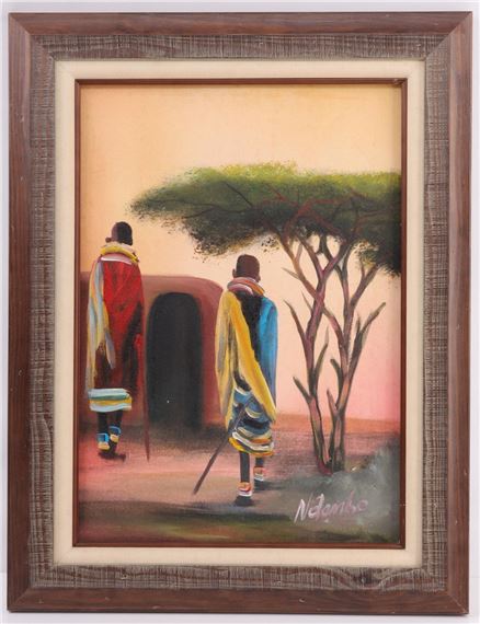 John Ndambo | JOHN NDAMBO PAINTING MAASAI PEOPLE IN LANDSCAPE | MutualArt